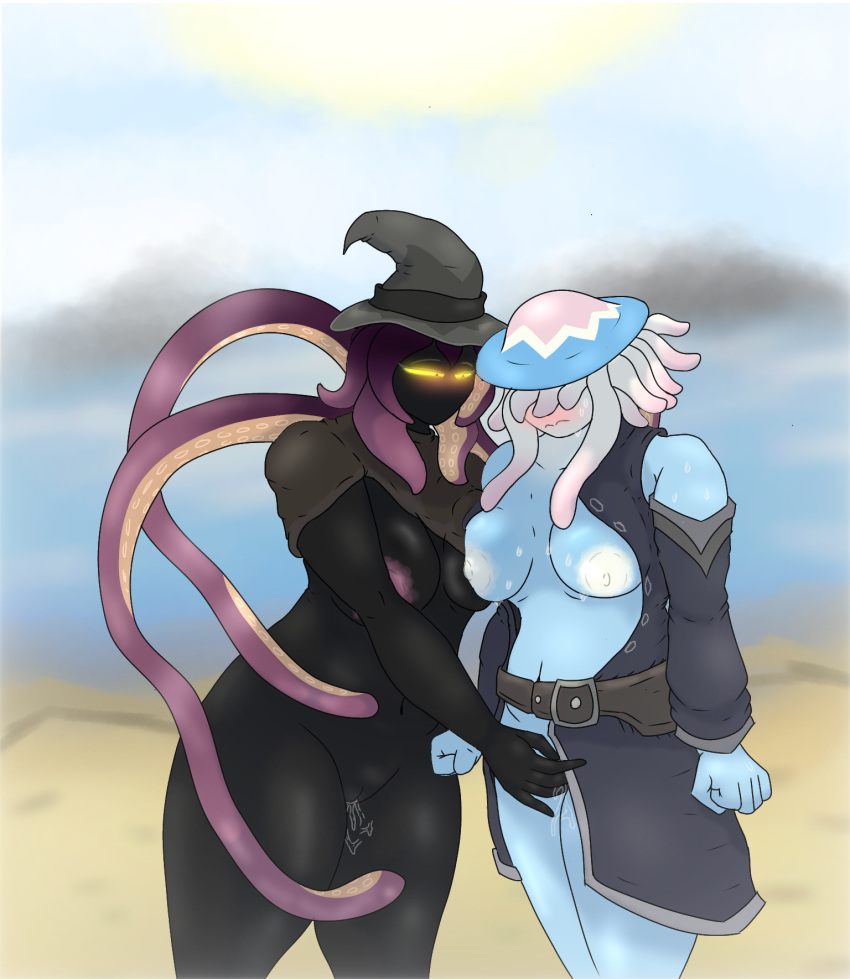 Rule 34 2girls Accelerator Tds Areolae Beach Black Skin Blue Skin Breasts Electroshocker
