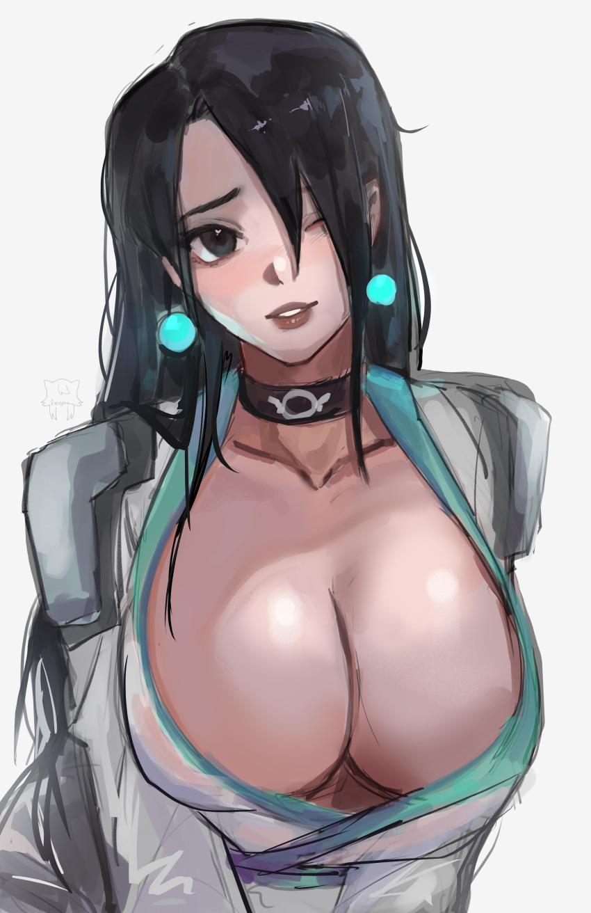 Rule 34 1girls Big Breasts Black Hair Breasts Choker Clavicle Cleavage Clothed Clothing